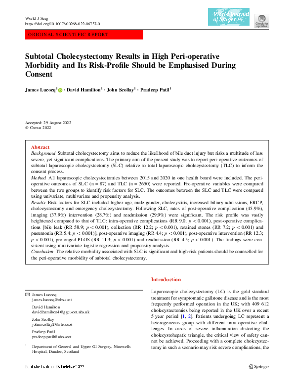 (PDF) Subtotal Cholecystectomy Results in High Peri-operative Morbidity ...