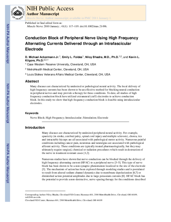 (PDF) Conduction block of peripheral nerve using high‐frequency ...