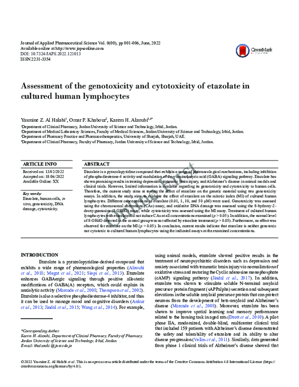 (PDF) Assessment of the genotoxicity and cytotoxicity of etazolate in ...