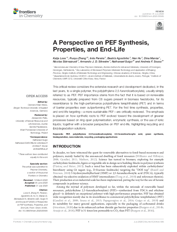 (PDF) A Perspective on PEF Synthesis, Properties, and End-Life | Nicolas Sbirrazzuoli - Academia.edu