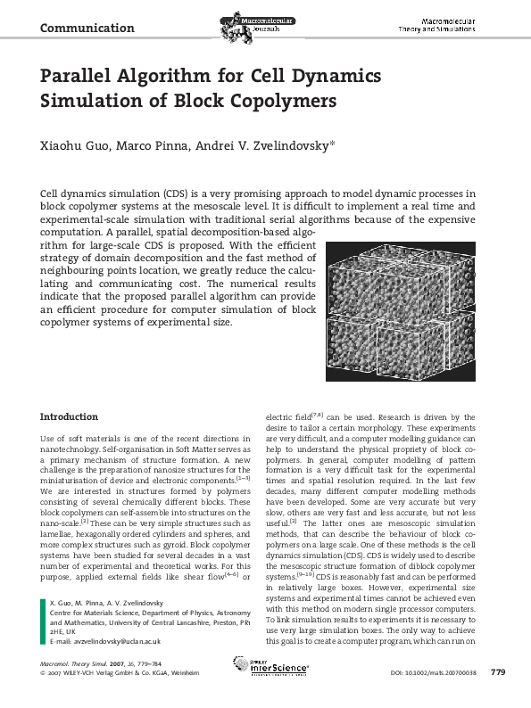 Pdf Parallel Algorithm For Cell Dynamics Simulation Of Block Copolymers