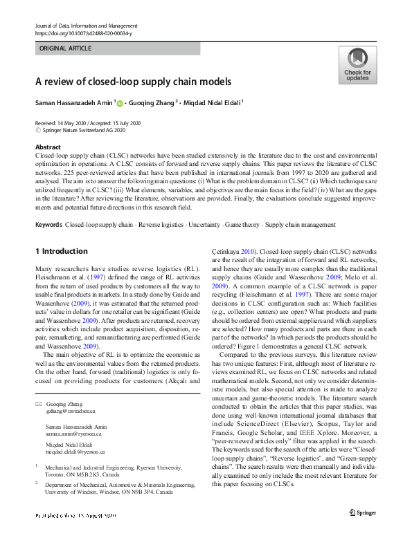 (PDF) A review of closed-loop supply chain models