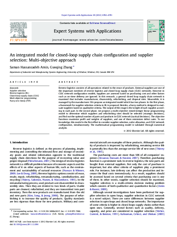 Pdf An Integrated Model For Closed Loop Supply Chain Configuration