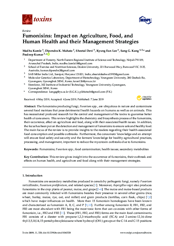 (PDF) Fumonisins: Impact on Agriculture, Food, and Human Health and their Management Strategies
