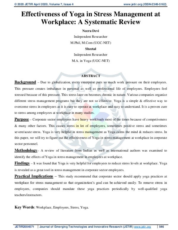 (PDF) Effectiveness of Yoga in Stress Management at Workplace: A ...