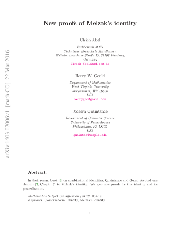 (PDF) New proofs of Melzak's identity