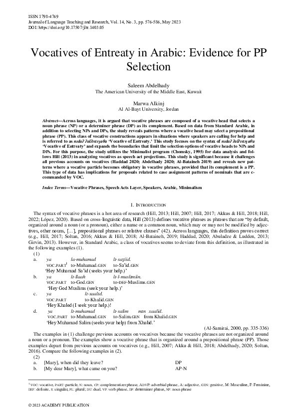 (PDF) Vocatives of Entreaty in Arabic: Evidence for PP Selection