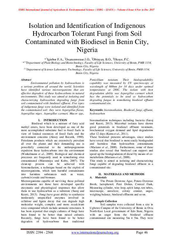 (PDF) Isolation and identification of indigenous hydrocarbon tolerant fungi from soil ...