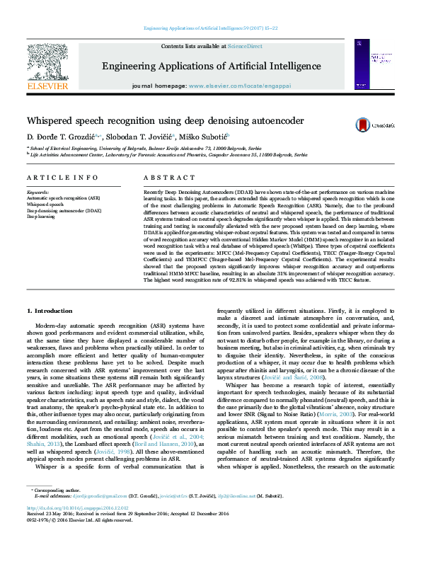 Pdf Whispered Speech Recognition Using Deep Denoising Autoencoder