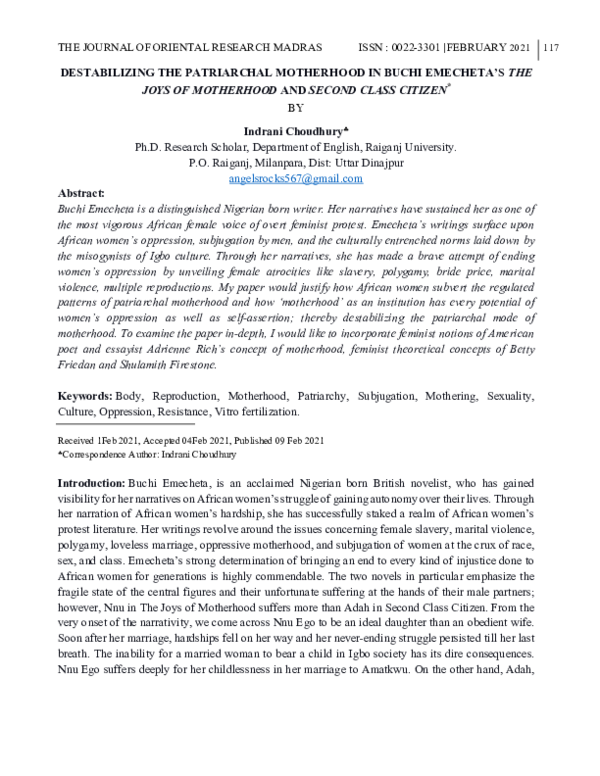 (PDF) DESTABILIZING THE PATRIARCHAL MOTHERHOOD IN BUCHI EMECHETA'S THE ...