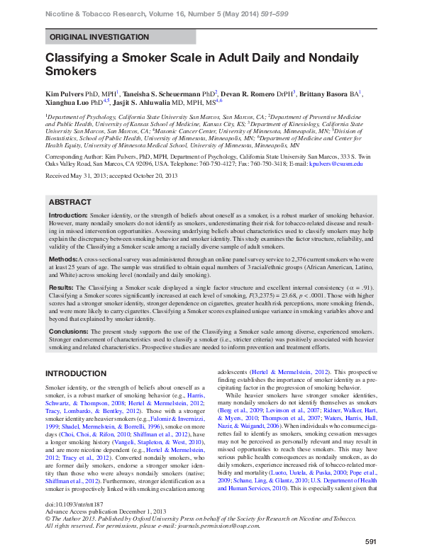 (PDF) Classifying a Smoker Scale in Adult Daily and Nondaily Smokers