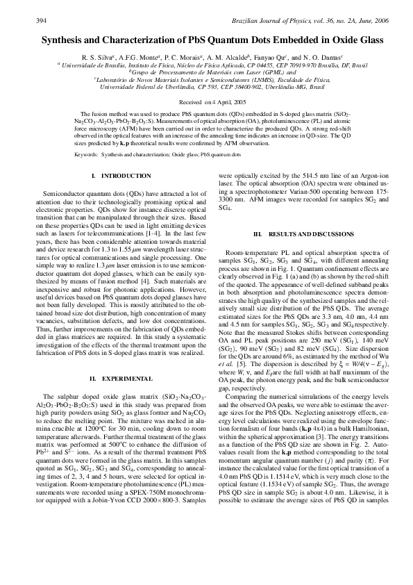 (PDF) Synthesis and characterization of PbS quantum dots embedded in oxide glass | Noelio ...