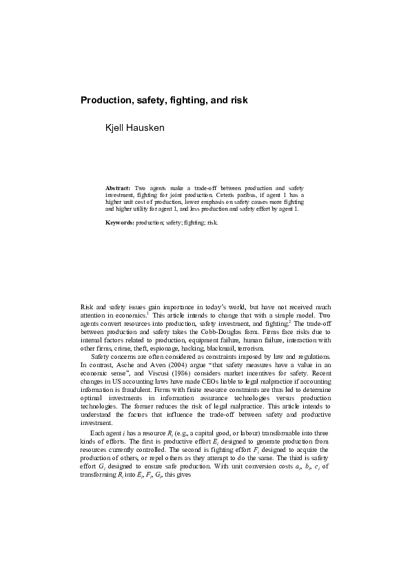 (PDF) Production, safety, fighting, and risk