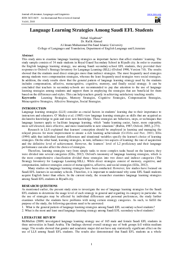 (PDF) Language Learning Strategies Among Saudi EFL Students 2