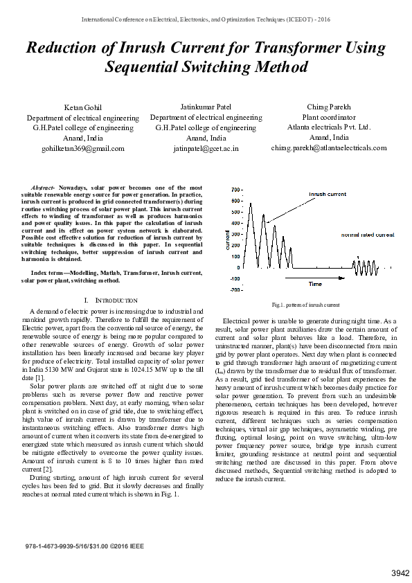 (PDF) Reduction of Inrush Current for Transformer Using Sequential Switching Method
