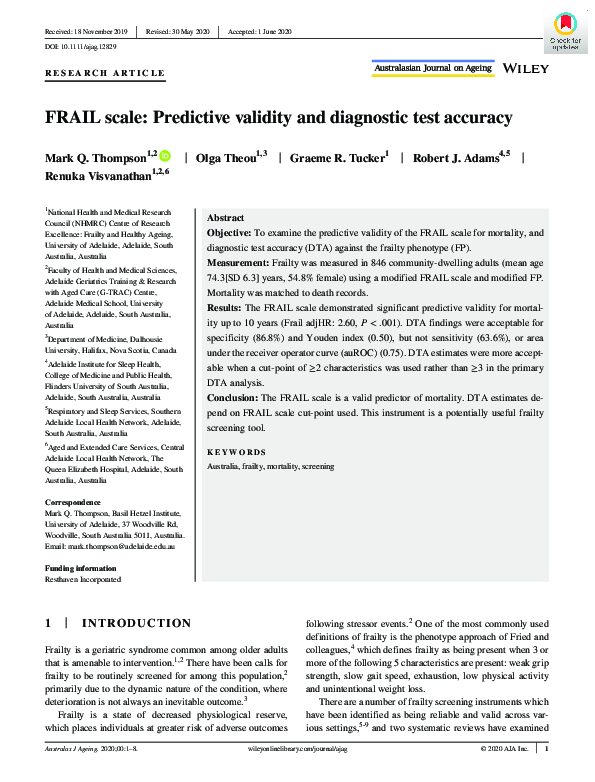 (PDF) FRAIL scale: Predictive validity and diagnostic test accuracy