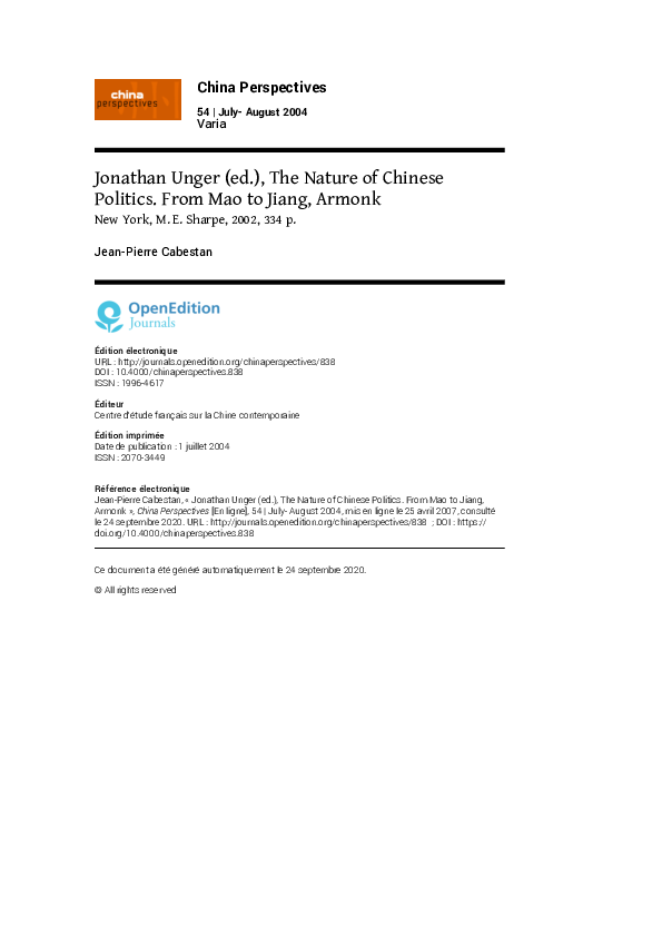 (PDF) Jonathan Unger (éd.), The Nature of Chinese Politics. From Mao to ...