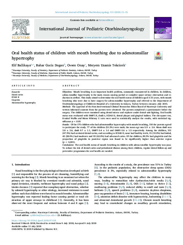 (PDF) Oral health status of children with mouth breathing due to ...