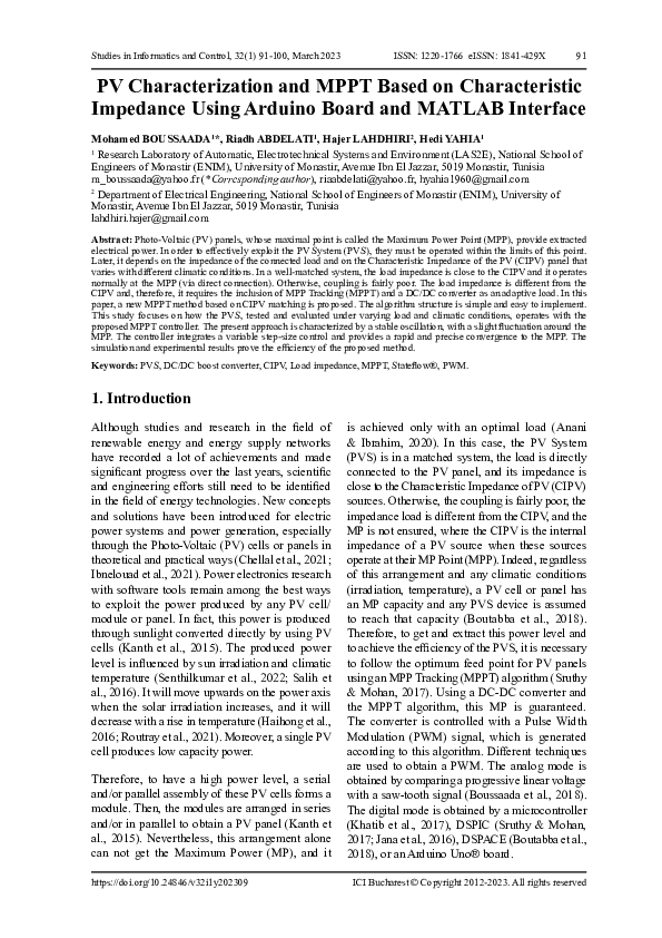 Pdf Pv Characterization And Mppt Based On Characteristic Impedance Using Arduino Board And