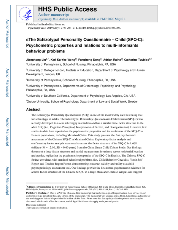 (PDF) The Schizotypal Personality Questionnaire – Child (SPQ-C ...