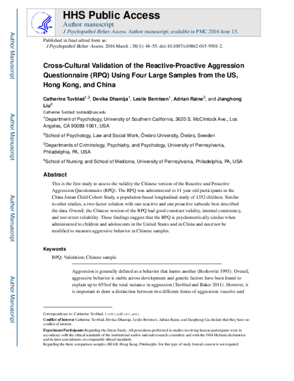 (PDF) Cross-Cultural Validation of the Reactive-Proactive Aggression ...