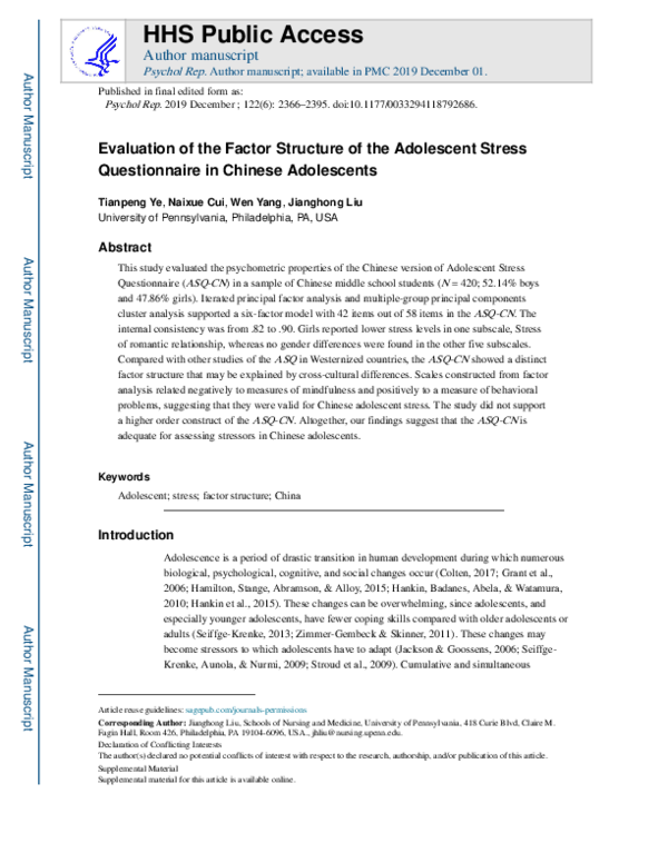 (PDF) Evaluation of the Factor Structure of the Adolescent Stress ...