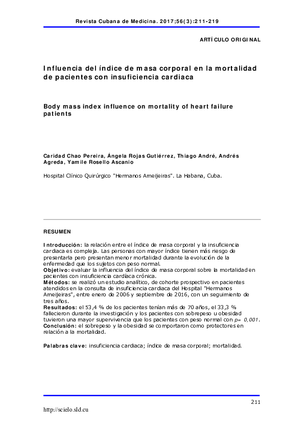 Pdf Influencia Del índice De Masa Corporal En La Mortalidad De