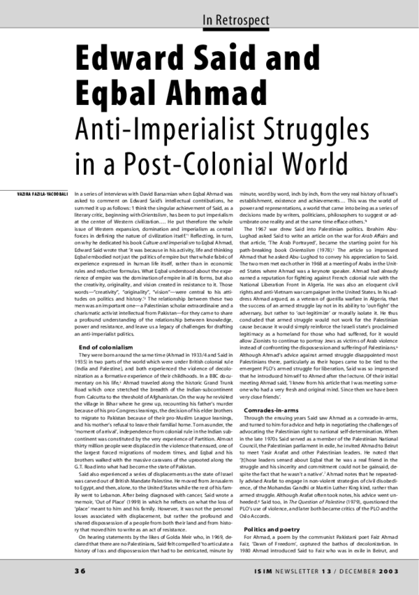 (PDF) Edward Said and Eqbal Ahmad: Anti-Imperialist Struggles in a Post ...