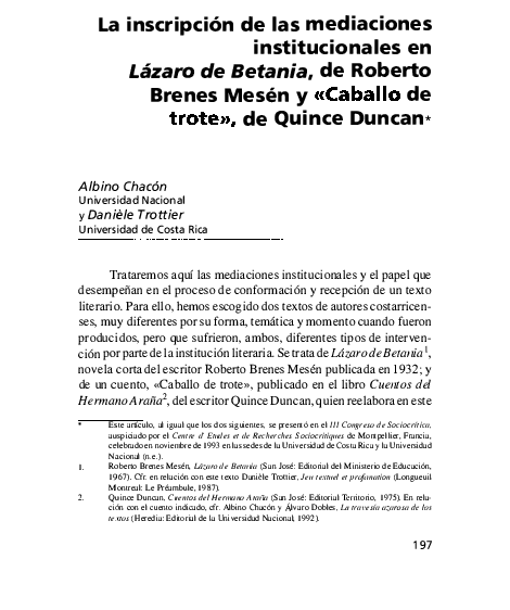 (PDF) La descripción de las mediaciones institucionales en Lázaro de Betania, de Roberto Brenes ...