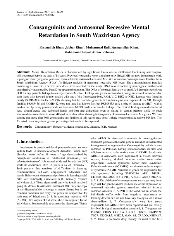 (PDF) Consanguinity and Autosomal Recessive Mental Retardation in South ...