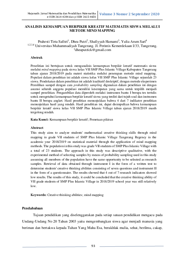 (PDF) Kemampuan Berpikir Kreatif Matematis Siswa Melalui Metode Mind Mapping