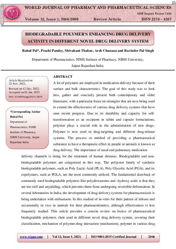 (PDF) BIODEGRADABLE POLYMER'S ENHANCING DRUG DELIVERY ACTIVITY IN DIFFERENT NOVEL DRUG DELIVERY ...