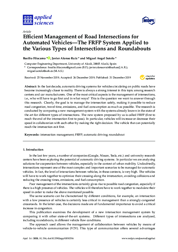 (PDF) Efficient Management of Road Intersections for Automated Vehicles—The FRFP System Applied ...