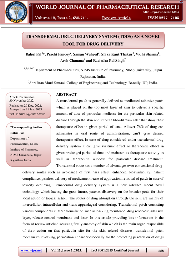 (PDF) TRANSDERMAL DRUG DELIVERY SYSTEM (TDDS) AS A NOVEL TOOL FOR DRUG DELIVERY