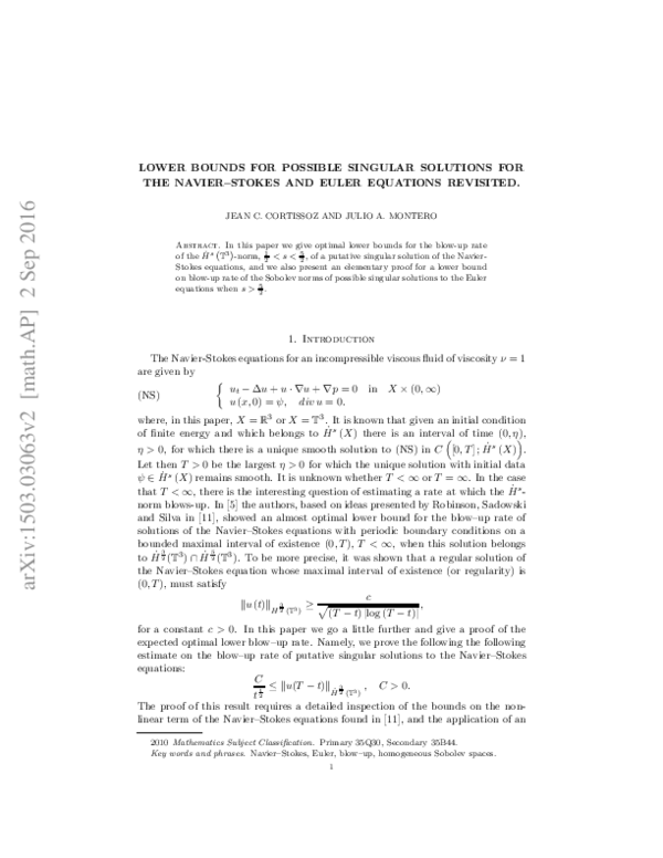 (PDF) Lower bounds for possible singular solutions for the Navier--Stokes and Euler equations ...