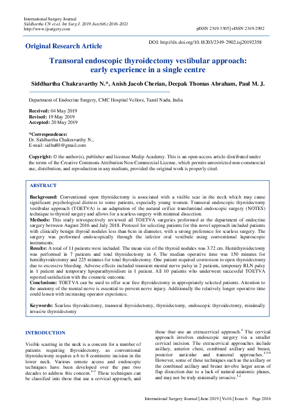 (PDF) Transoral endoscopic thyroidectomy vestibular approach: early ...