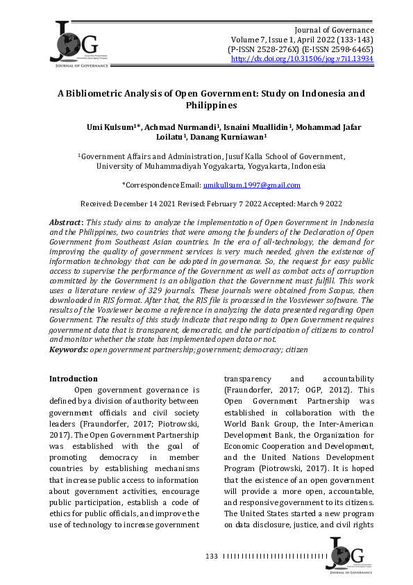 (PDF) A Bibliometric Analysis of Open Government: Study on Indonesia ...