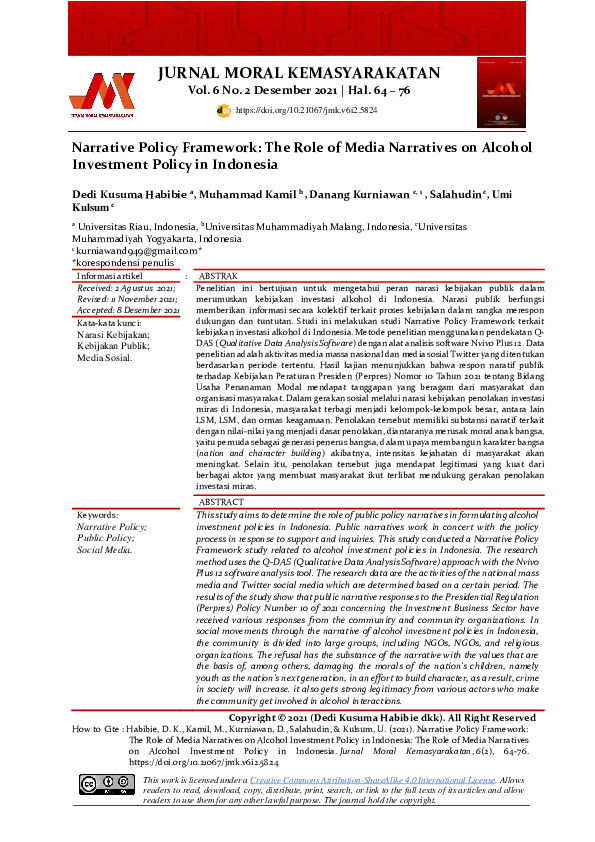 (PDF) Narrative Policy Framework: The Role of Media Narratives on Alcohol Investment Policy in ...