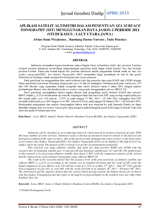 (PDF) APLIKASI SATELIT ALTIMETRI DALAM PENENTUAN SEA SURFACE TOPOGRAPHY ...