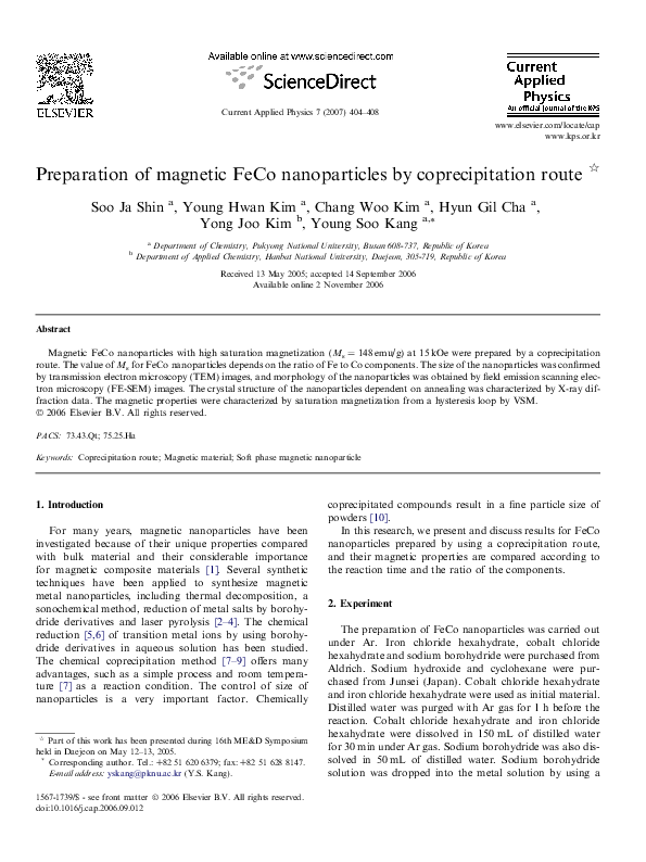 (PDF) Preparation of magnetic FeCo nanoparticles by coprecipitation route