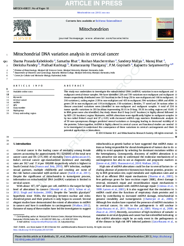 (PDF) Mitochondrial DNA variation analysis in cervical cancer