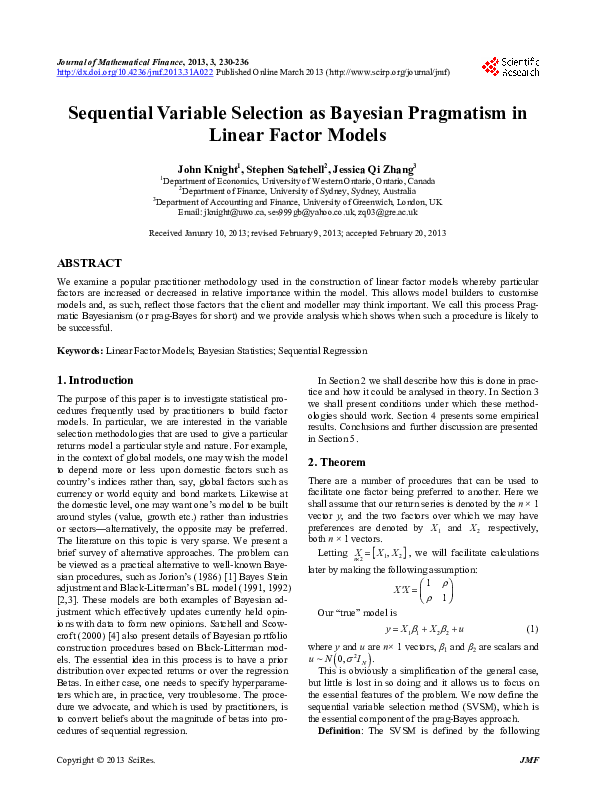 Pdf Sequential Variable Selection As Bayesian Pragmatism In Linear Factor Models