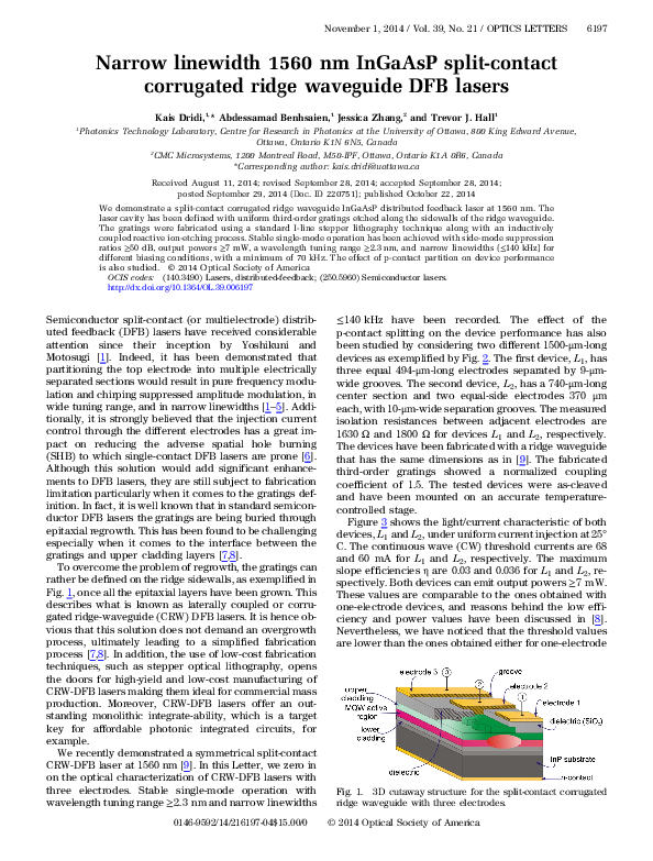 (PDF) Narrow linewidth 1560 nm InGaAsP split-contact corrugated ridge ...