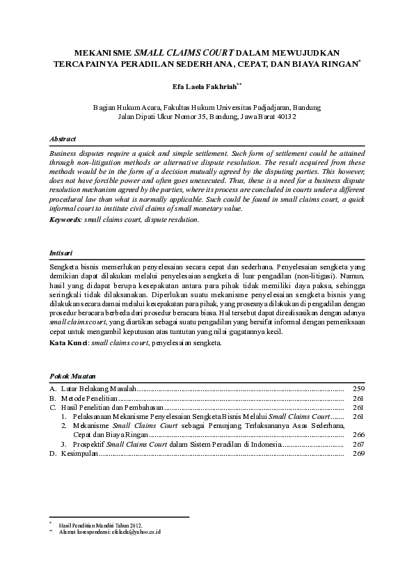 (PDF) MEKANISME sMALL CLAIMs CORTT DALAM MEWUJUDKAN TERCAPAINYA ...