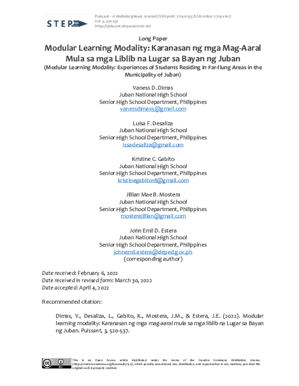 (PDF) Modular Learning Modality: Karanasan ng mga Mag-Aaral Mula sa mga ...