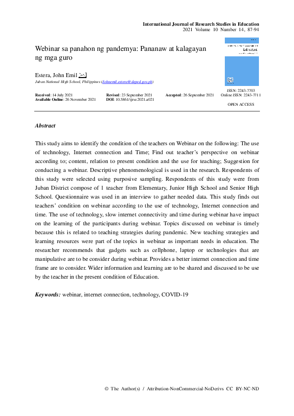 (PDF) Webinar sa panahon ng pandemya: Pananaw at kalagayan ng mga guro
