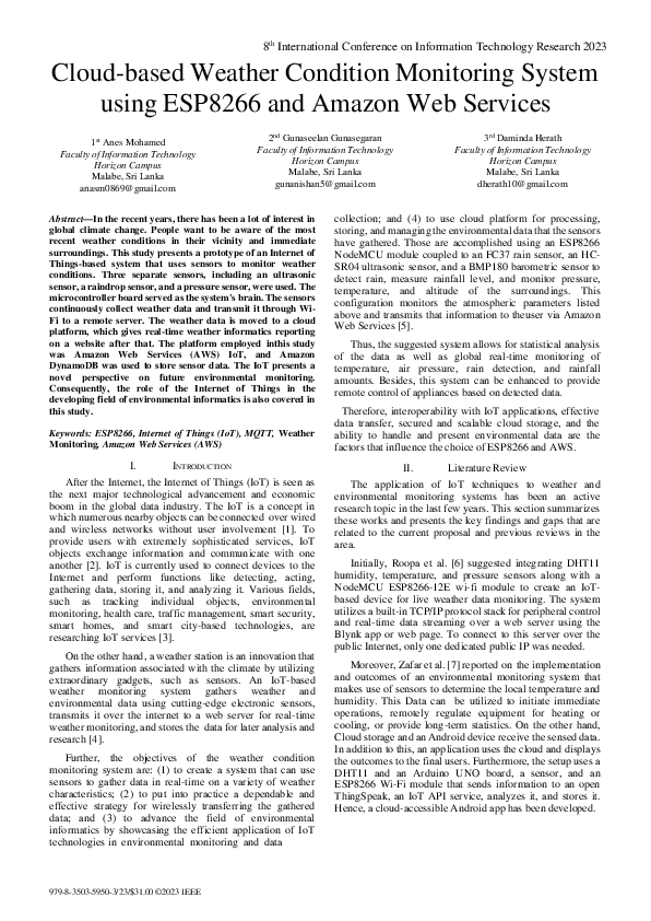Pdf Cloud Based Weather Condition Monitoring System Using Esp8266 And Amazon Web Services