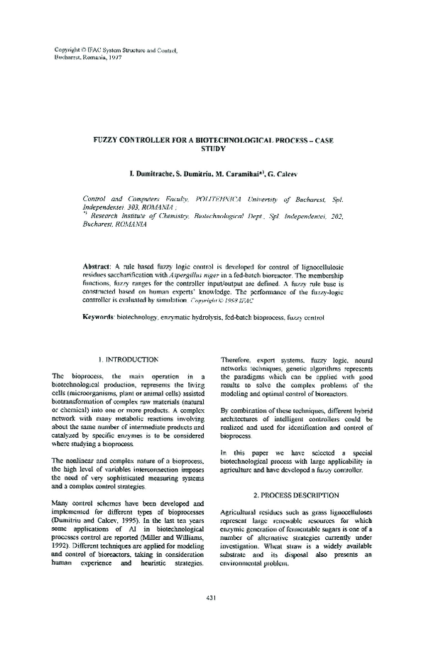 (PDF) Fuzzy Controller for a Biotechnological Process - Case Study