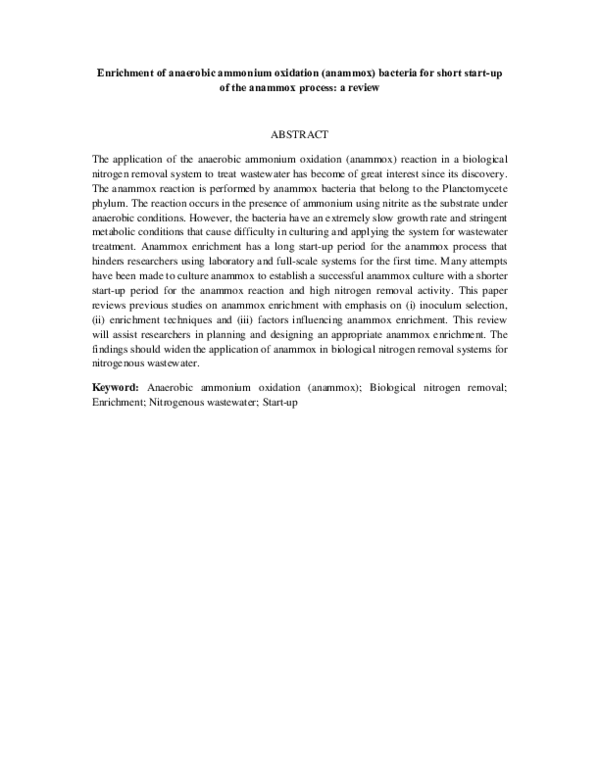 (PDF) Enrichment of anaerobic ammonium oxidation (anammox) bacteria for ...