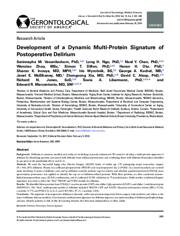 (PDF) Development of a Dynamic Multi-Protein Signature of Postoperative Delirium